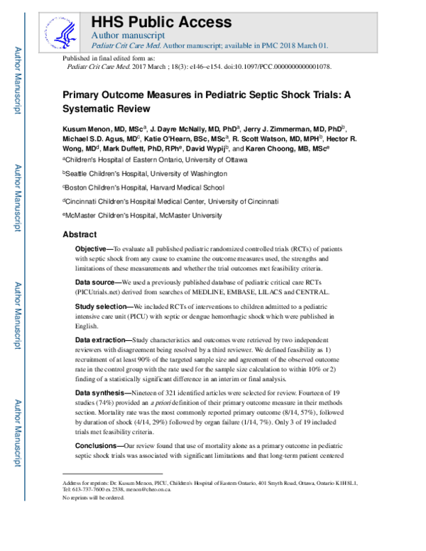 (PDF) Primary Outcome Measures in Pediatric Septic Shock Trials: A Systematic Review