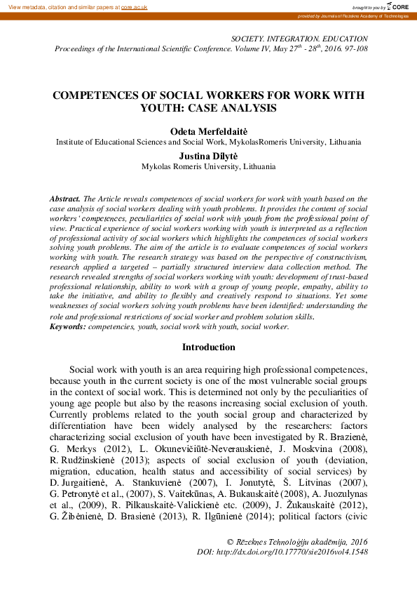(PDF) Competences of Social Workers for Work with Youth: Case Analysis