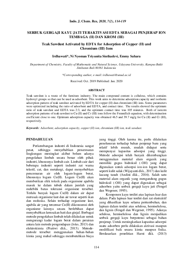(PDF) Serbuk Gergaji Kayu Jati Teraktivasi EDTA Sebagai Penjerap Ion Tembaga (II) dan Krom (III ...