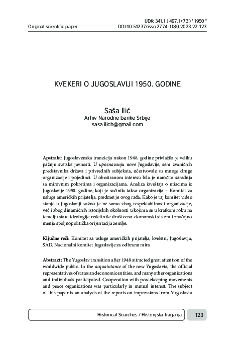 (PDF) Kvekeri o Jugoslaviji 1950. godine [Quakers on Yugoslavia in 1950]