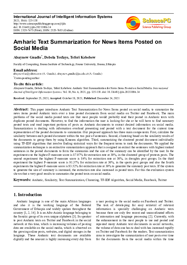 (PDF) Amharic Text Summarization for News Items Posted on Social Media