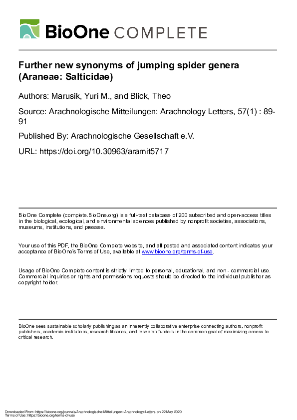 (PDF) Further new synonyms of jumping spider genera (Araneae: Salticidae)