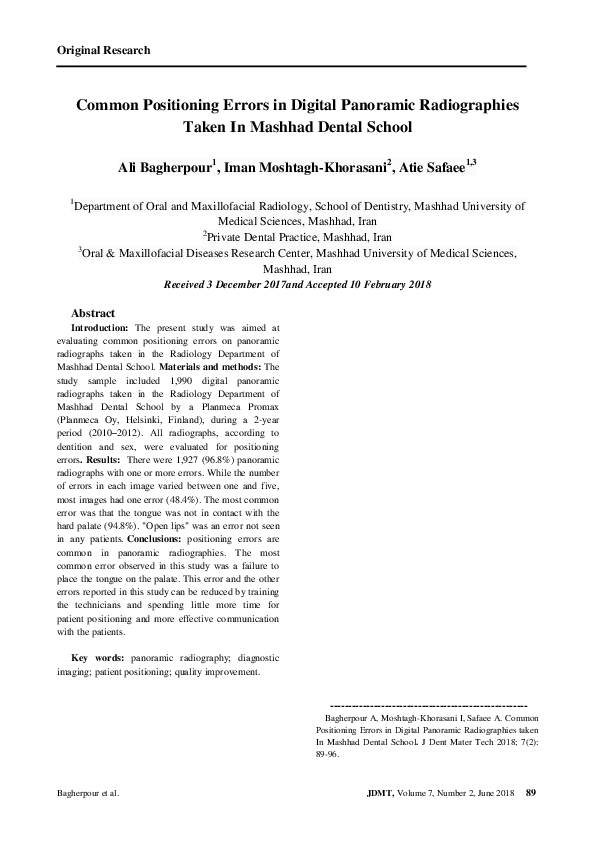 (PDF) Common Positioning Errors in Digital Panoramic Radiographies ...