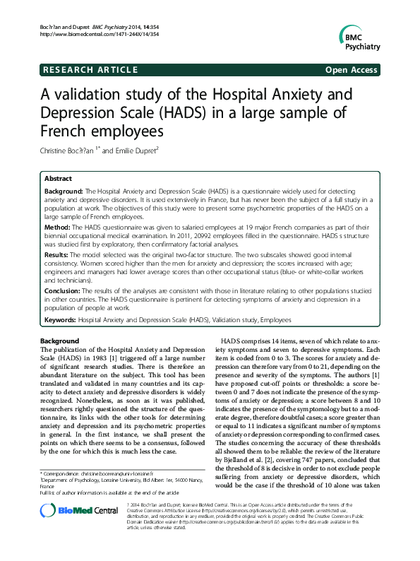(PDF) A validation study of the Hospital Anxiety and Depression Scale ...
