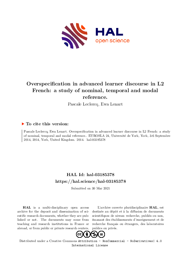 (PDF) Overspecification in advanced learner discourse in L2 French: a study of nominal, temporal ...