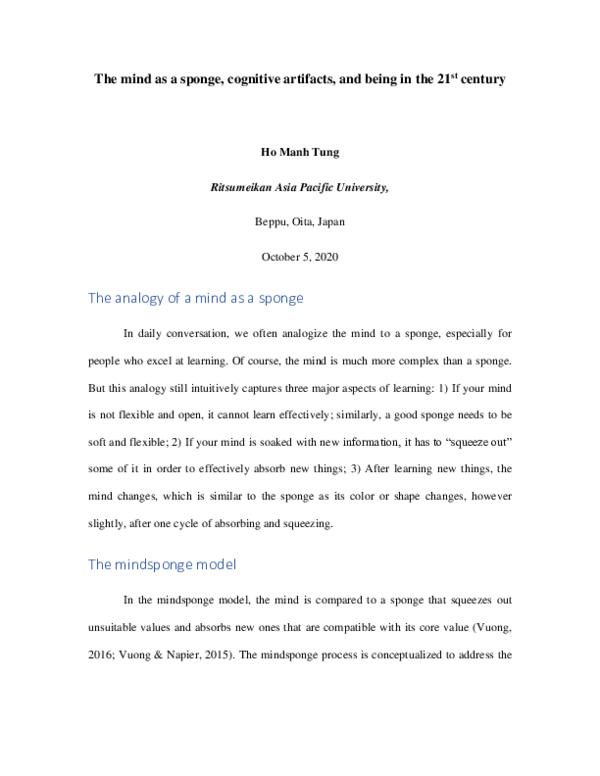 (PDF) The mind as a sponge, its cognitive artifacts, and being in the ...