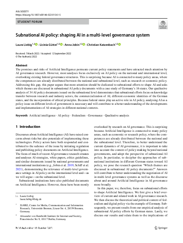 (PDF) Subnational AI policy: shaping AI in a multi-level governance ...