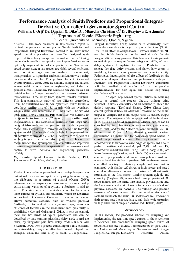 (PDF) Performance Analysis of Smith Predictor and Proportional-Integral- Derivative Controller ...