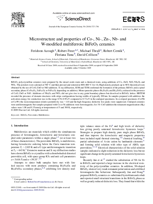 (PDF) Microstructure and properties of Co-, Ni-, Zn-, Nb- and W-modified multiferroic BiFeO3 ...