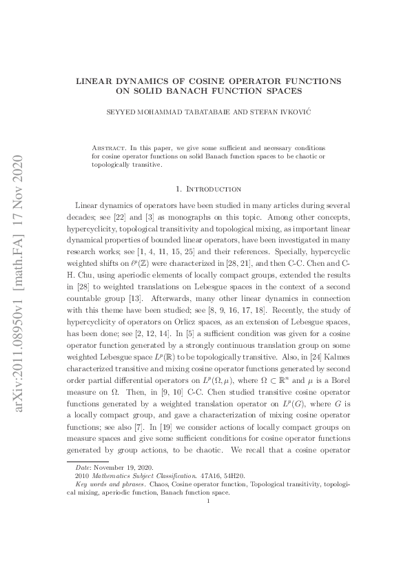 (PDF) Linear dynamics of discrete cosine functions on solid Banach function spaces