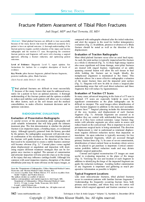 (PDF) Fracture Pattern Assessment of Tibial Pilon Fractures