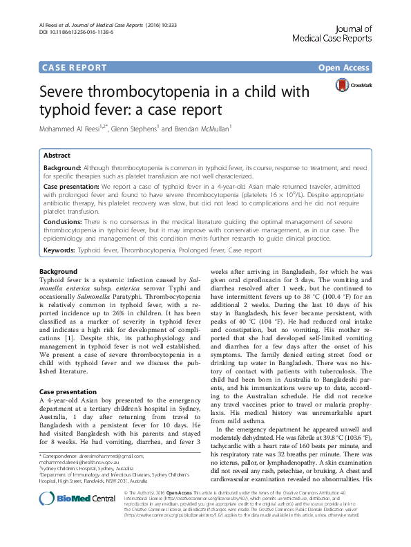 (PDF) Severe thrombocytopenia in a child with typhoid fever: a case report