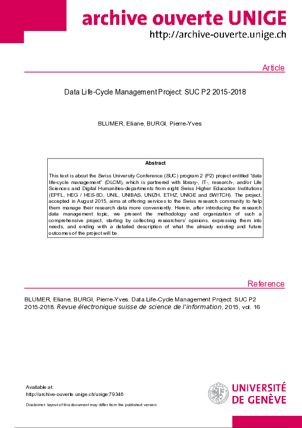 (PDF) Data Life-Cycle Management Project: SUC P2 2015-2018