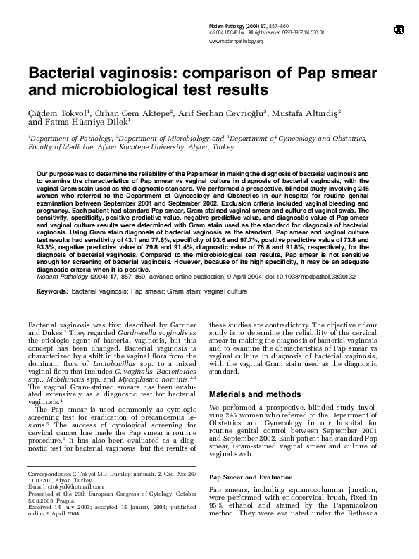 (PDF) Bacterial vaginosis: comparison of Pap smear and microbiological ...