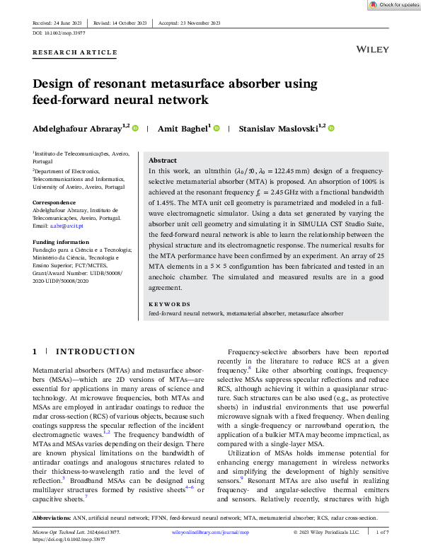 (PDF) Design of resonant metasurface absorber using feed-forward neural network