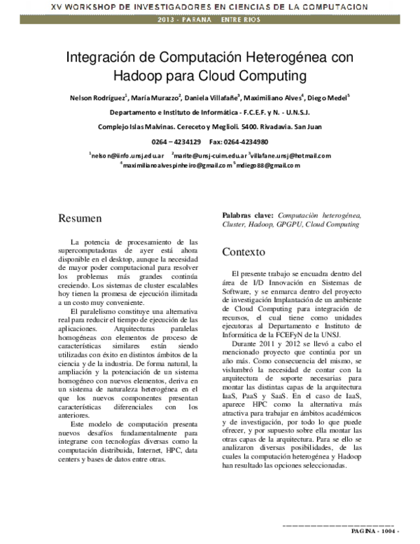 (PDF) Integración de computación heterogénea con hadoop para cloud computing