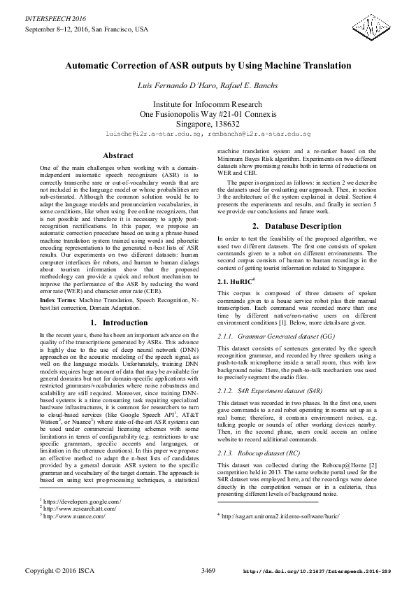 (PDF) Automatic Correction of ASR Outputs by Using Machine Translation
