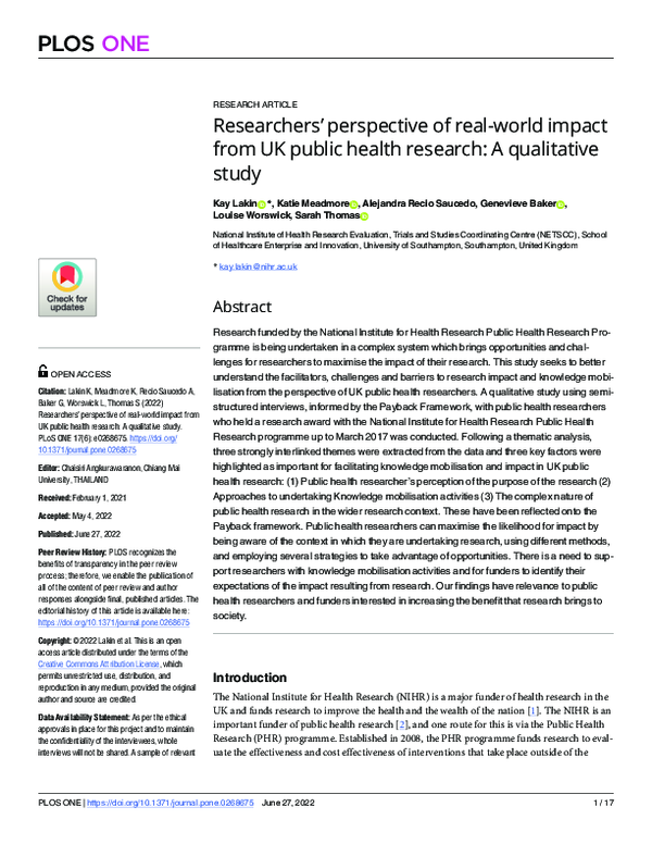 (PDF) Researchers’ perspective of real-world impact from UK public ...