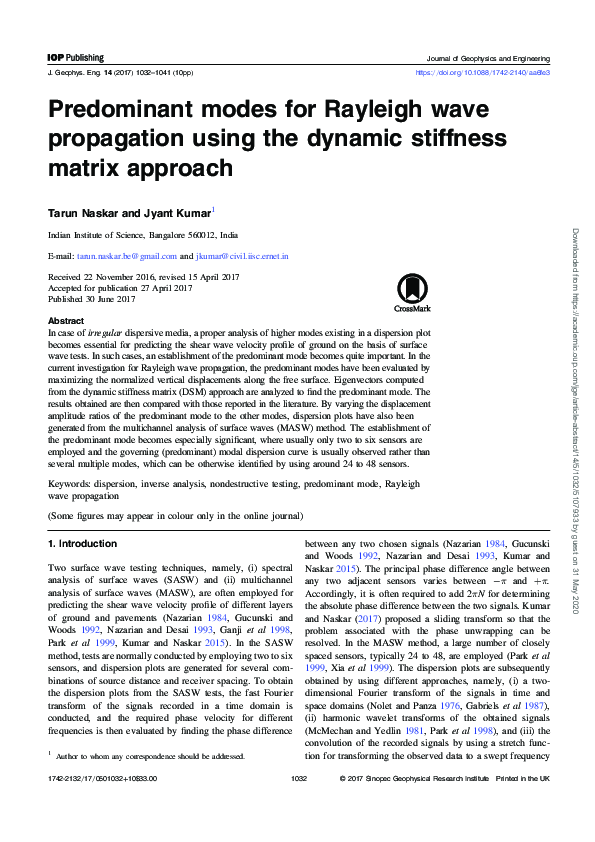 (PDF) Predominant modes for Rayleigh wave propagation using the dynamic stiffness matrix approach
