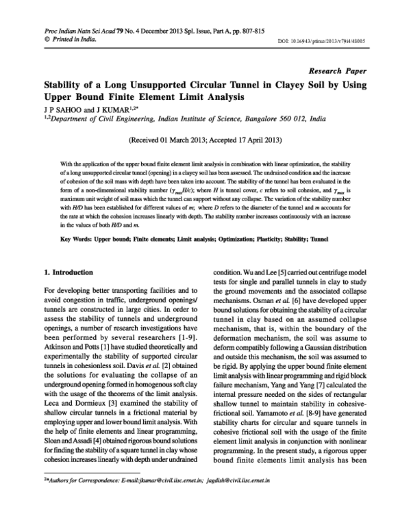 (PDF) Stability of a Long Unsupported Circular Tunnel in Clayey Soil by Using Upper Bound Finite ...