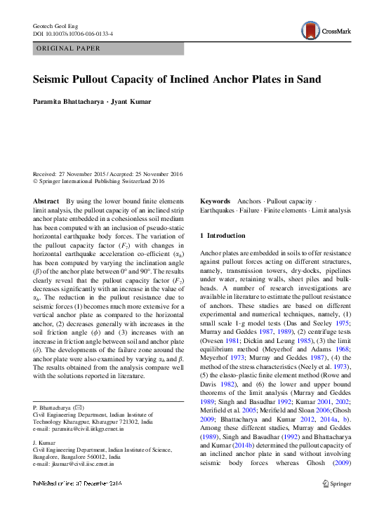 (PDF) Seismic Pullout Capacity of Inclined Anchor Plates in Sand