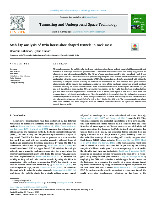 (PDF) Stability analysis of twin horse-shoe shaped tunnels in rock mass