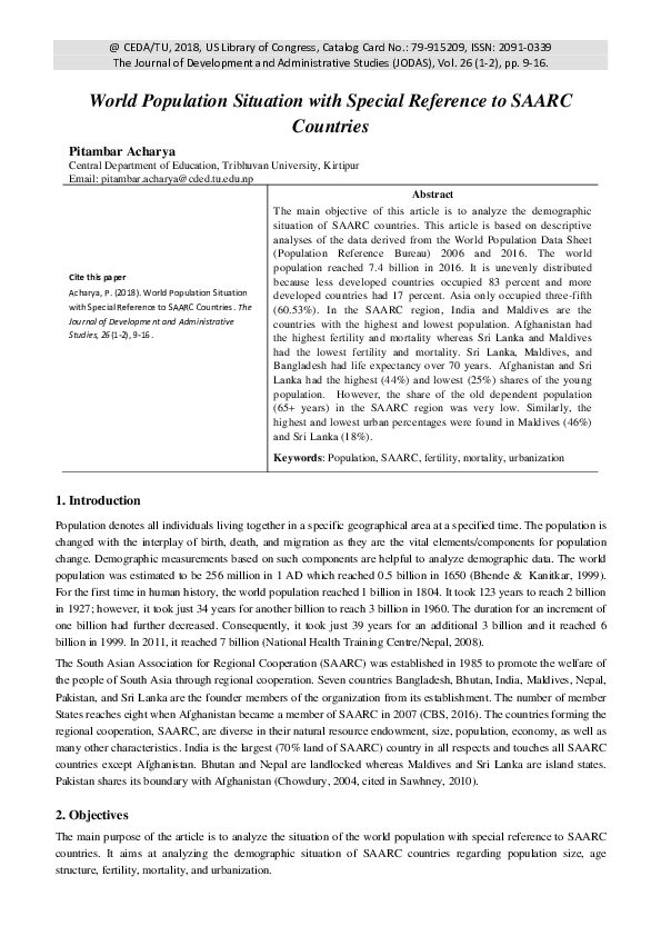 (PDF) World Population Situation with Special Reference to SAARC Countries