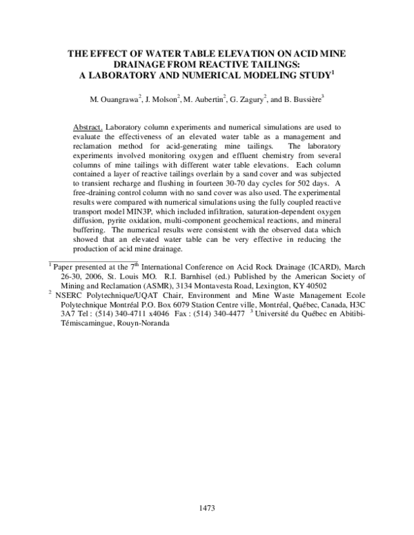 (PDF) The Effect of Water Table Elevation on Acid Mine Drainage from ...