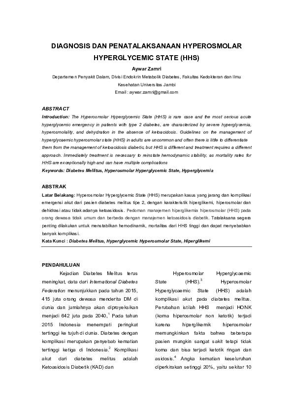 (PDF) Diagnosis Dan Penatalaksanaan Hyperosmolar Hyperglycemic State (HHS)