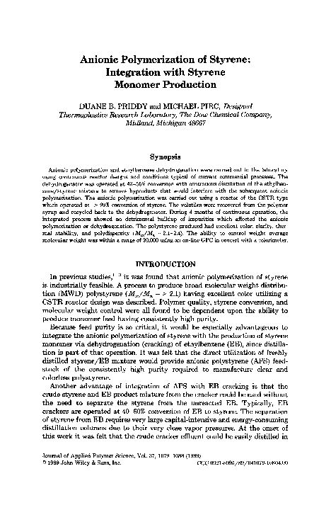 (PDF) Anionic polymerization of styrene: Integration with styrene ...