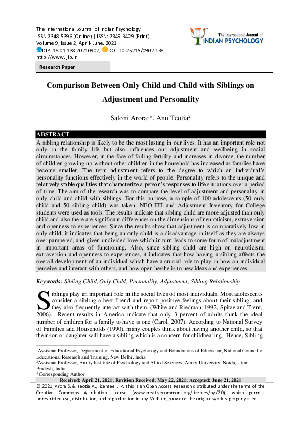 (PDF) Comparison between only Child and Child with Siblings on ...
