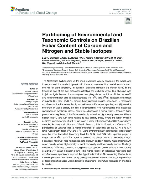 (PDF) Partitioning of Environmental and Taxonomic Controls on Brazilian Foliar Content of Carbon ...