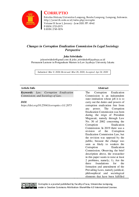 (PDF) Changes in Corruption Eradication Commission In Legal Sociology ...