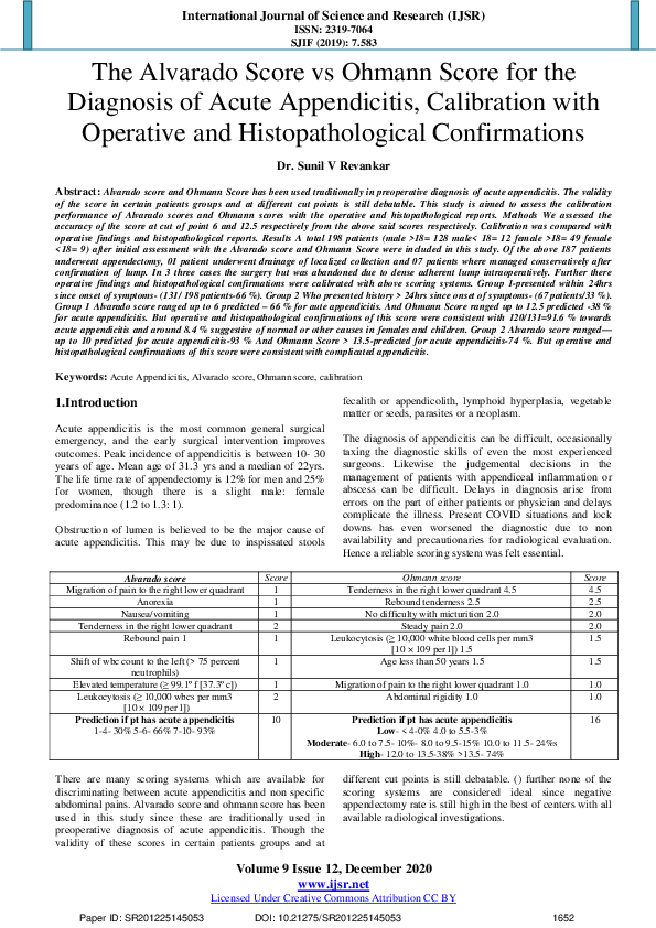 (PDF) The Alvarado Score vs Ohmann Score for the Diagnosis of Acute ...