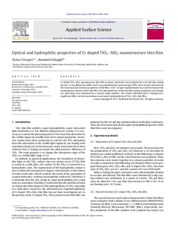 (PDF) Optical and hydrophilic properties of Cr doped TiO2–SiO2 nanostructure thin film