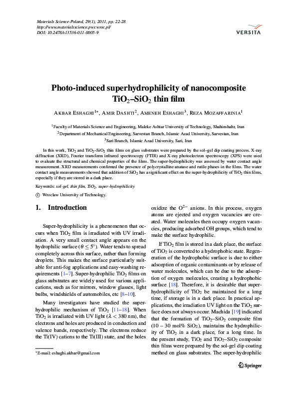 (PDF) Photo-induced superhydrophilicity of nanocomposite TiO2-SiO2 thin film | Akbar Eshaghi ...