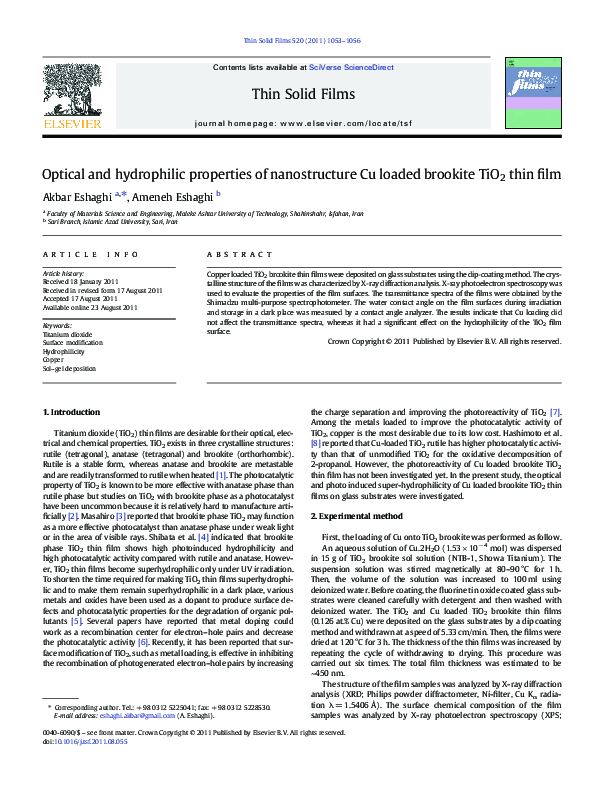 (PDF) Optical and hydrophilic properties of nanostructure Cu loaded brookite TiO2 thin film
