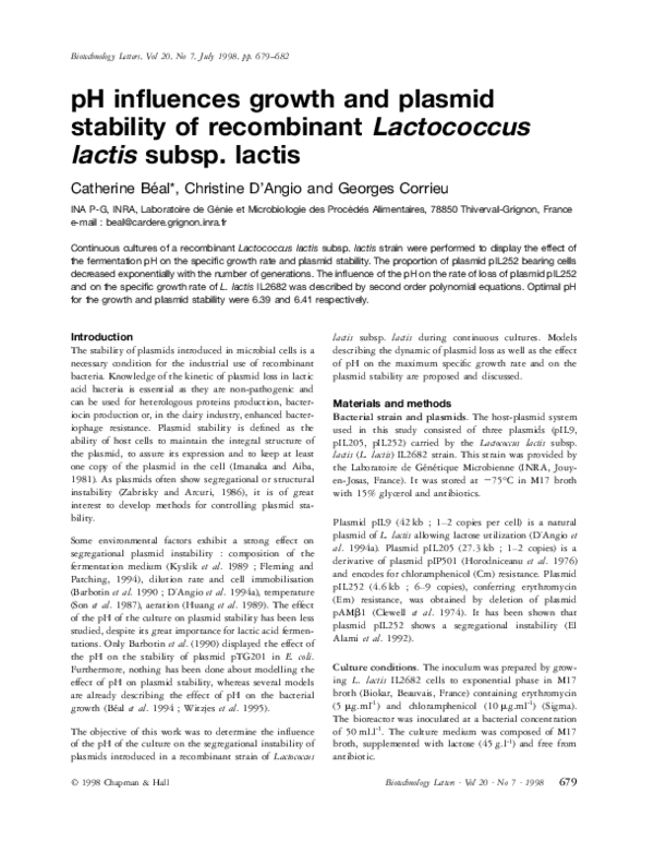 (PDF) pH influences growth and plasmid stability of recombinant Lactococcus lactis subsp. lactis