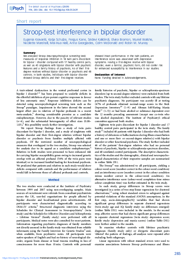 (PDF) Stroop-test interference in bipolar disorder