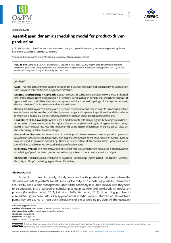 (PDF) Agent-Based Dynamic Scheduling for Product-Driven Production