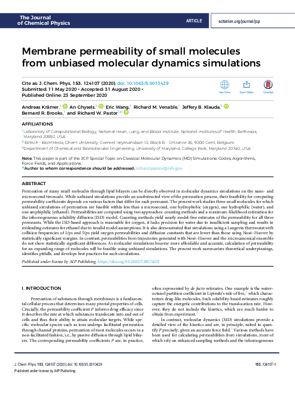 (PDF) Membrane permeability of small molecules from unbiased molecular ...