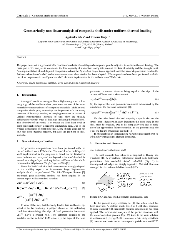 (PDF) Geometrically non-linear analysis of composite shel ls under uniform thermal loading