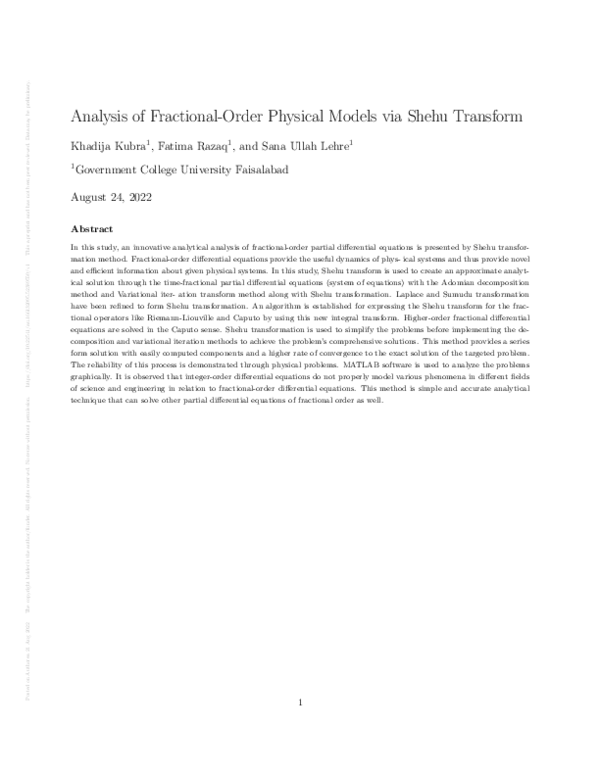 (PDF) Analysis of Fractional-Order Physical Models via Shehu Transform