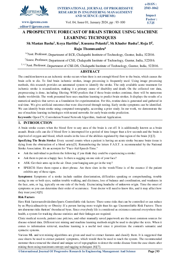(PDF) A PROSPECTIVE FORECAST OF BRAIN STROKE USING MACHINE LEARNING TECHNIQUES