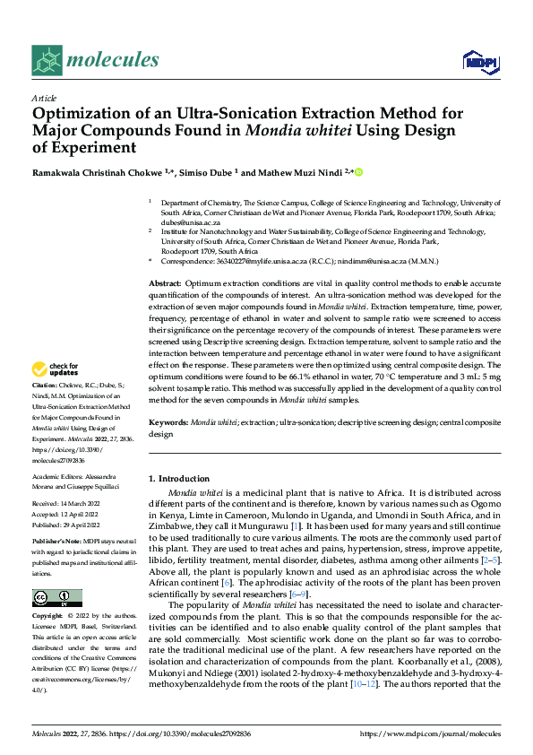 (PDF) Optimization of an Ultra-Sonication Extraction Method for Major Compounds Found in Mondia ...