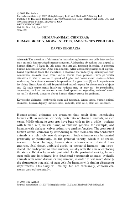 (PDF) Human‐Animal Chimeras: Human Dignity, Moral Status, and Species Prejudice