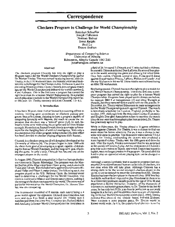(PDF) Checkers program to challenge for world championship