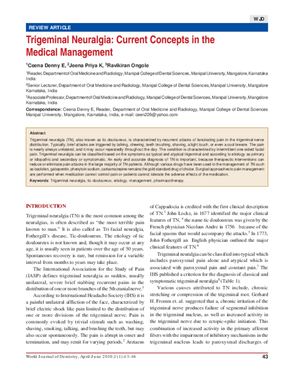 (PDF) Trigeminal Neuralgia: Current Concepts in the Medical Management