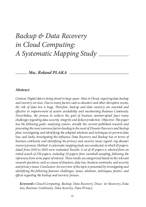 (PDF) Backup & Data Recovery in Cloud Computing: A Systematic Mapping Study