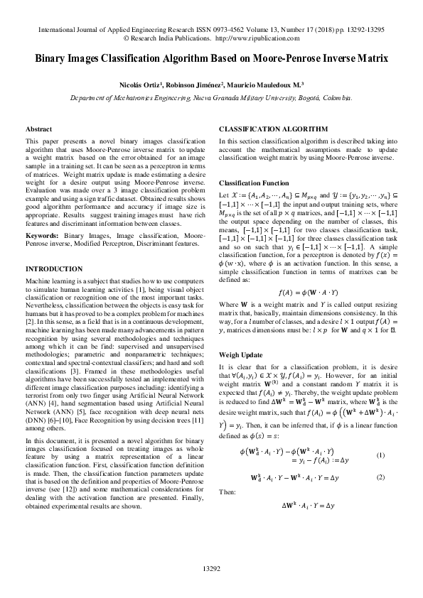 Pdf Binary Images Classification Algorithm Based On Moore Penrose